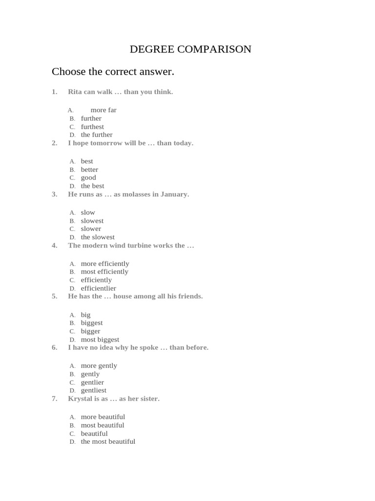 Degree Comparison Quiz Questions | PDF