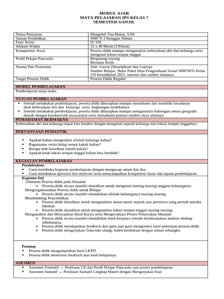 Kumer Modul Ajar Tema 1 Ips Kelas 7 | PDF