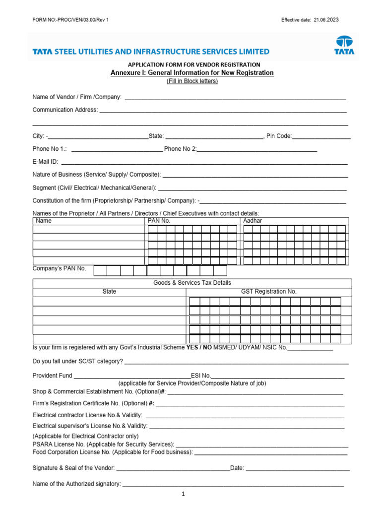 Vendor Registration Form - VCA Assessment Form | PDF | Regulatory ...