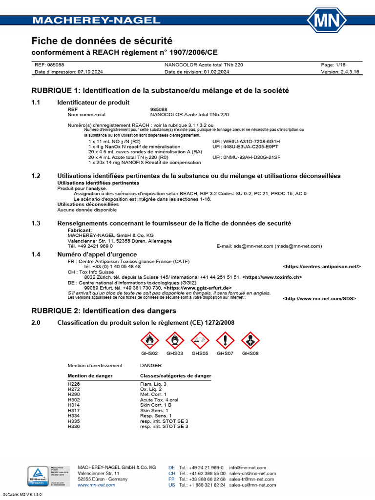 FDS - MARCHERY-NAGEL azote total TNb 220 | PDF | Allergie | Corrosion