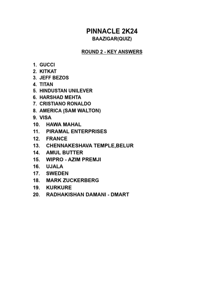 Pinnacle Quiz Key Answers Round 2 | PDF