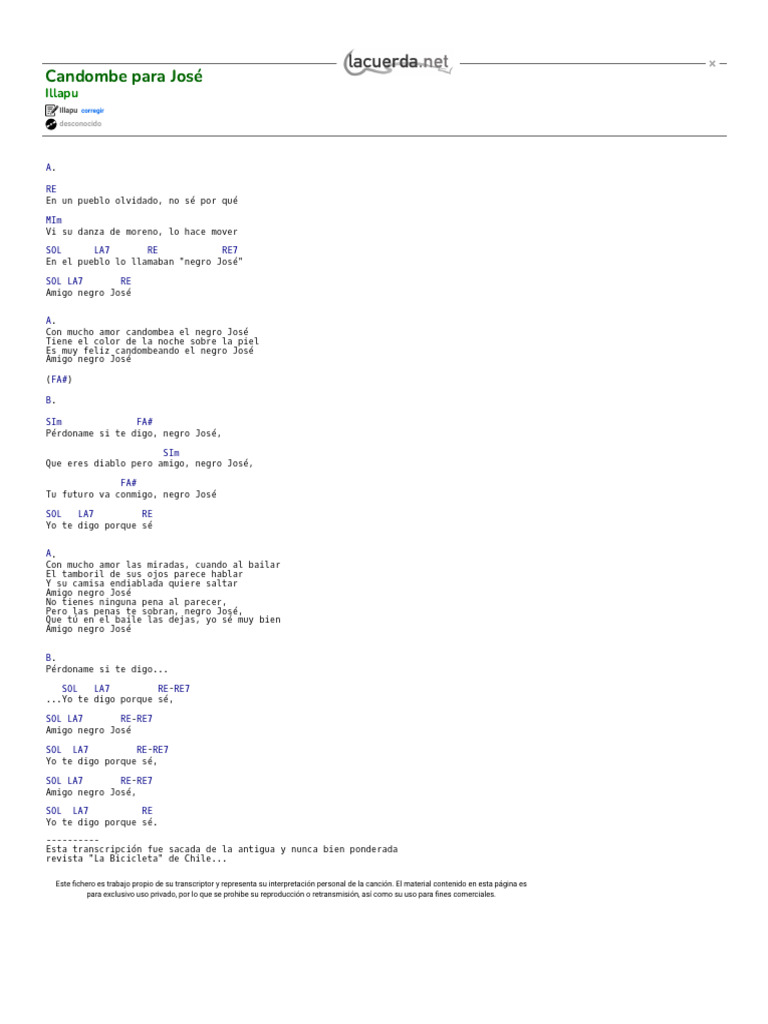 CANDOMBE PARA JOSE, Illapu - Acordes | PDF