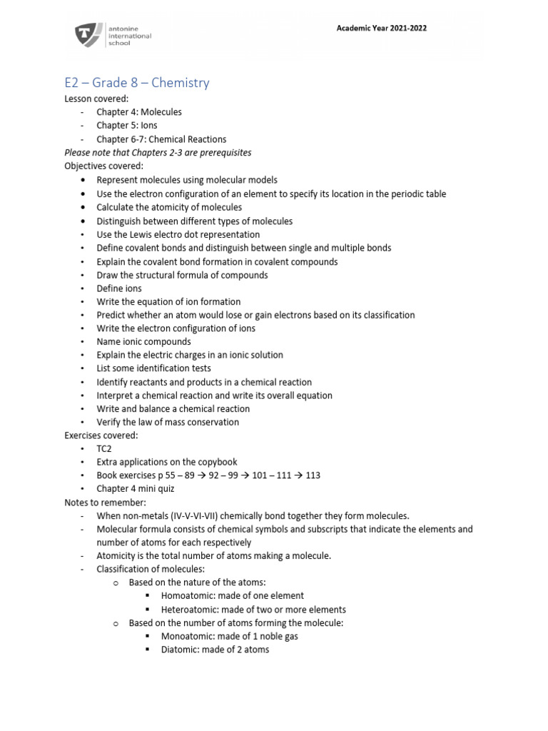 E2-Chemistry-G8-Study Guide | PDF | Ion | Chemistry