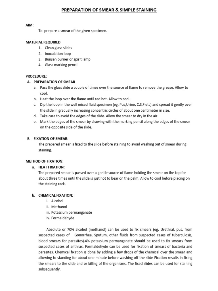 Preparation of Smear Simple Staining | PDF | Staining | Fixation ...