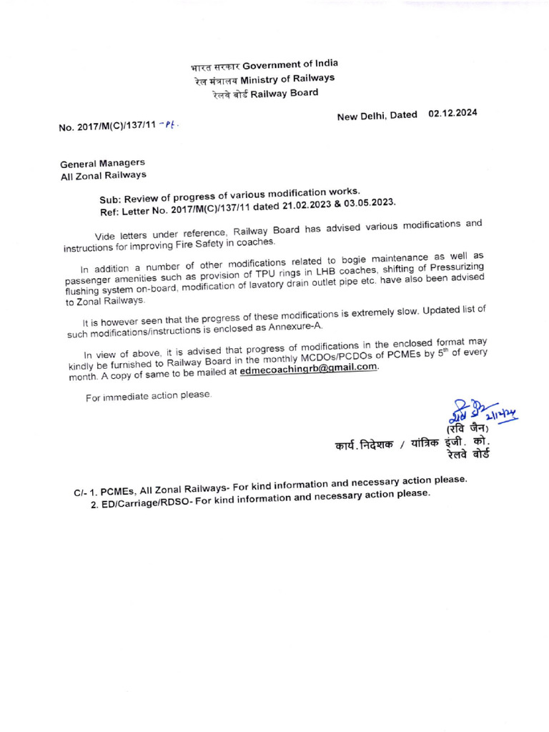 Letter To ZRs For Review of Progress of Modification Works DT 02 Dec ...
