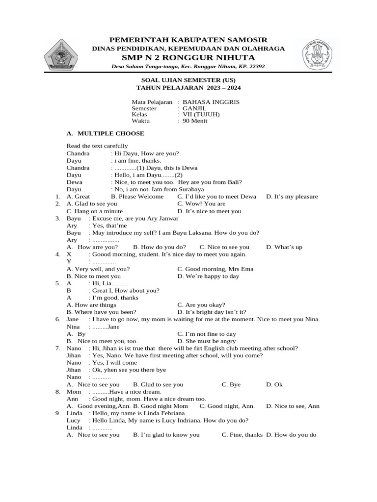 Soal Ujian Semester B.inggris 7 2023-2024 | PDF