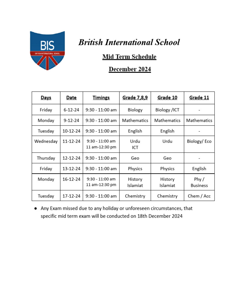Mid Term Time Table - December 2024 | PDF