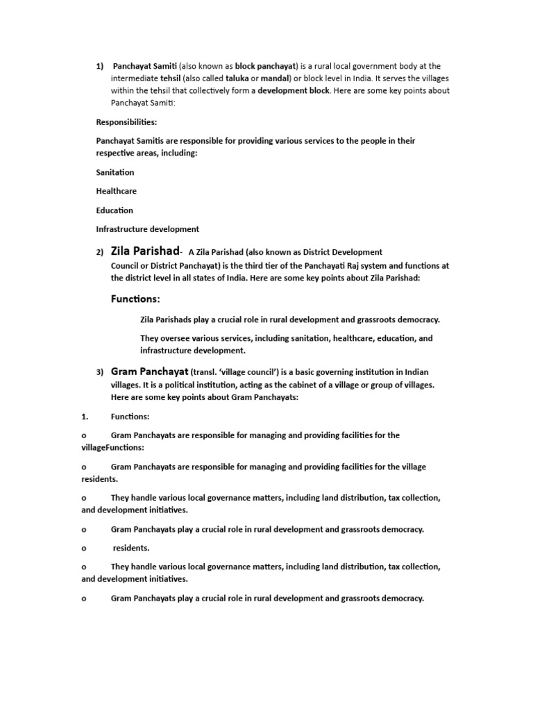 Gram Panchayat, Zila Parishad, Panchayat Samiti Fucntions | PDF