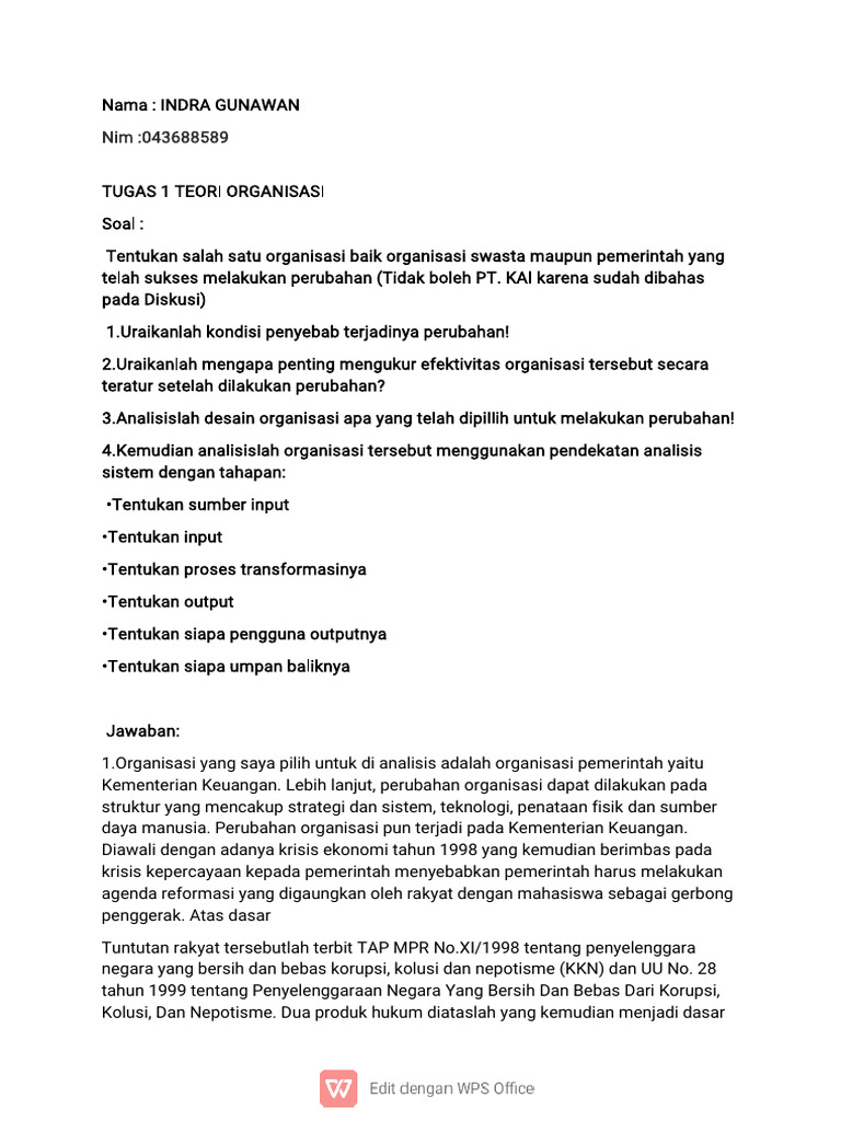 Tugas 1 Teori Organisasi | PDF