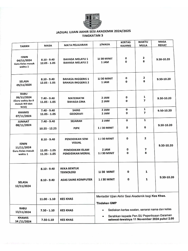 Jadual Waktu Uasa Ra1 Dan Tingkatan 3 20242025 | PDF