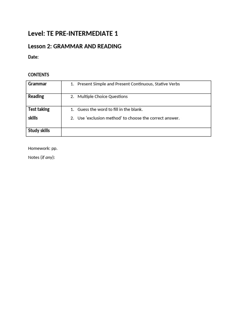 Level - TE PRE-INTERMEDIATE 1 Lesson 2 | PDF | Verb | Linguistics