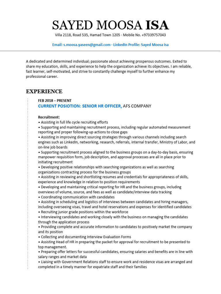 CV - Sayed Moosa Isa-1 | PDF | Recruitment | Employment