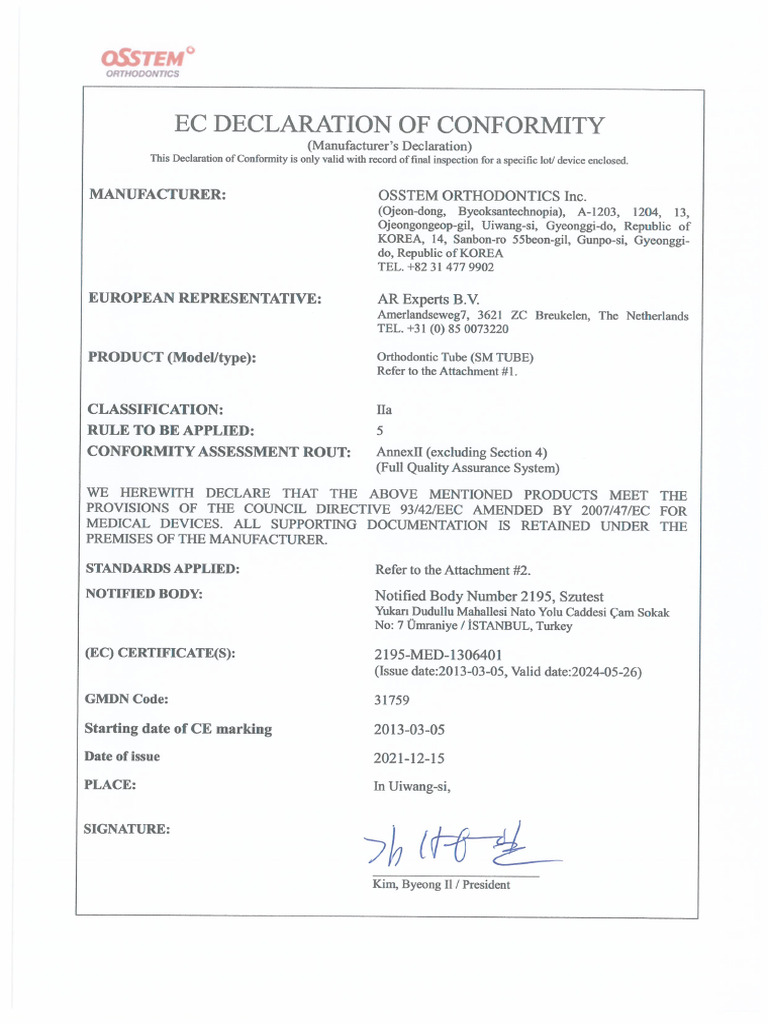 (029)Declaration of Conformity_SM TUBE_221215 F | PDF | Medical Device