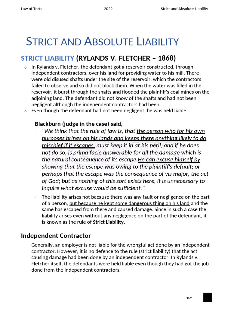 Strict and Absolute Liability - Law of Torts - YG Notes - 7410814 ...