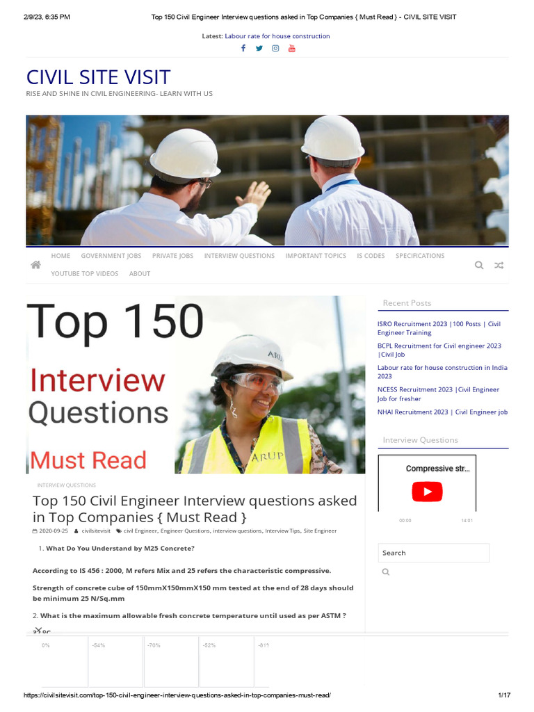 Top 150 Civil Engineer Interview Questions | PDF | Concrete | Beam (Structure)