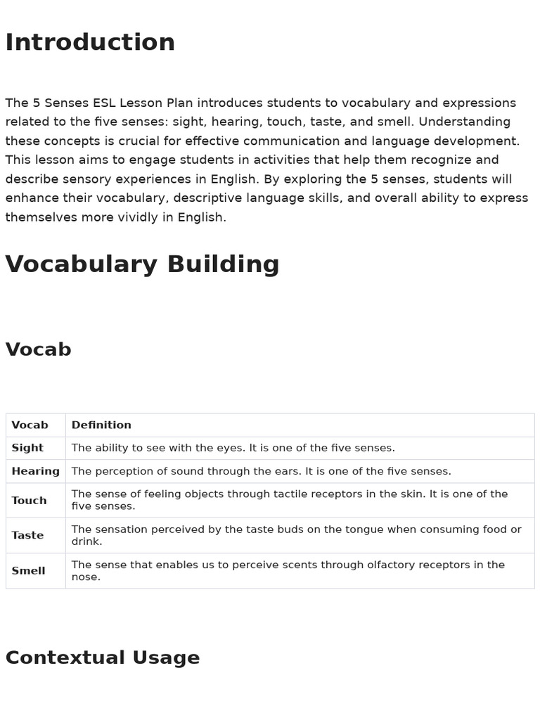 5 Senses ESL Lesson Plan Free PDF | PDF | Senses | Perception