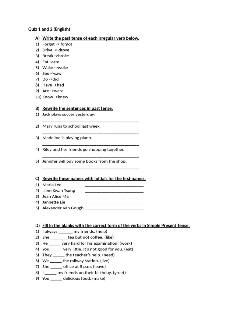 English Final Test Grade 3 (Quiz 1 and 2) | PDF | Linguistics | Grammar