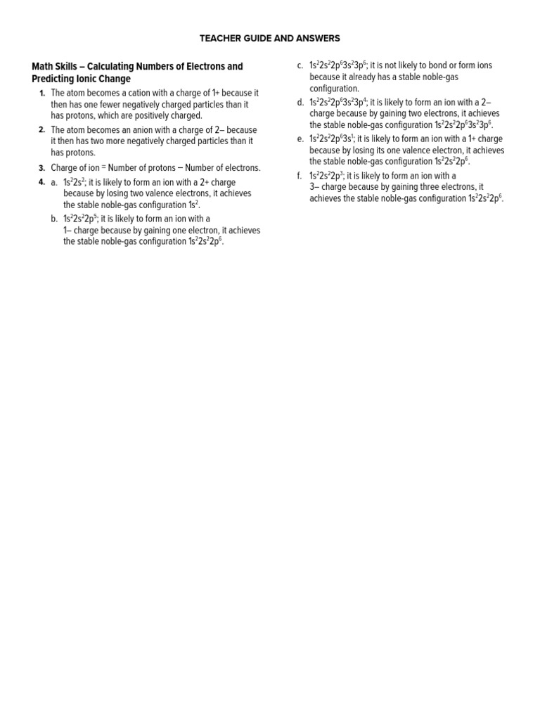 Math Skills Answer Key - Calculating Numbers of Electrons and Predicting Ionic Charge | PDF