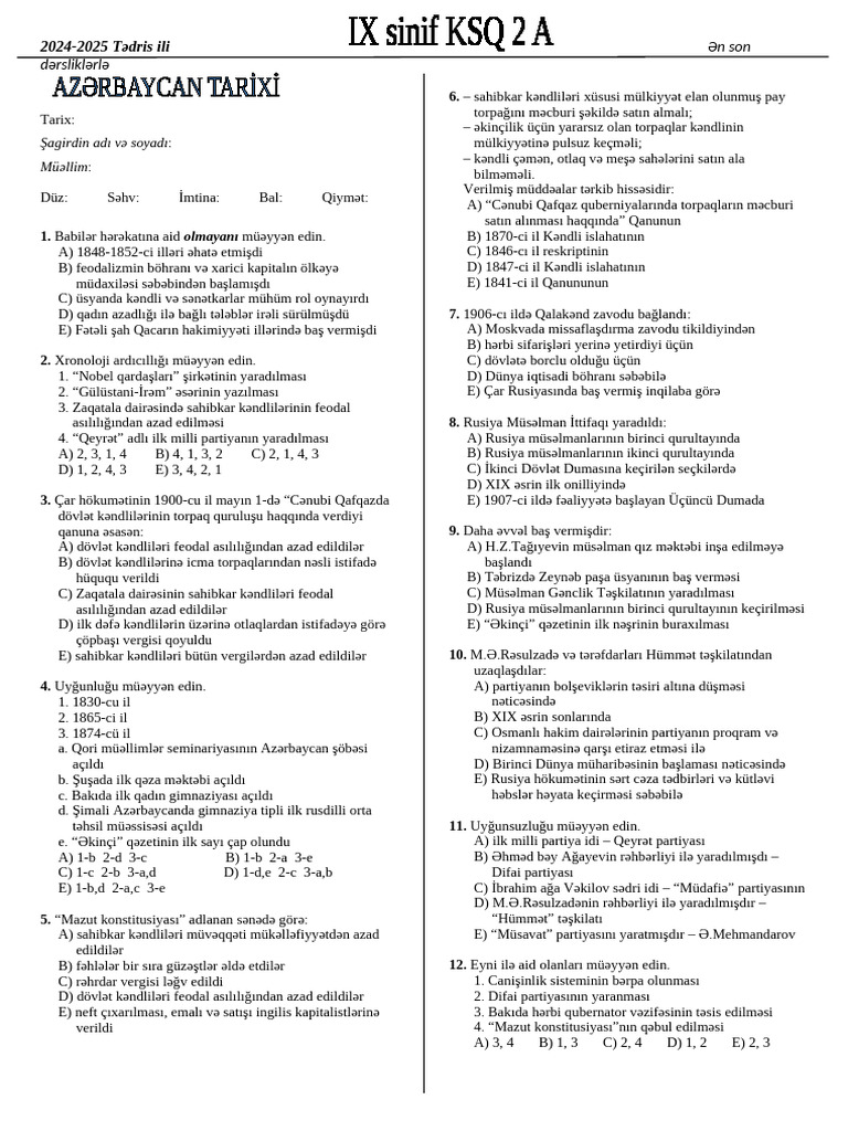 IX Sinif Az. Tarixi KSQ 2 A Hazır + | PDF
