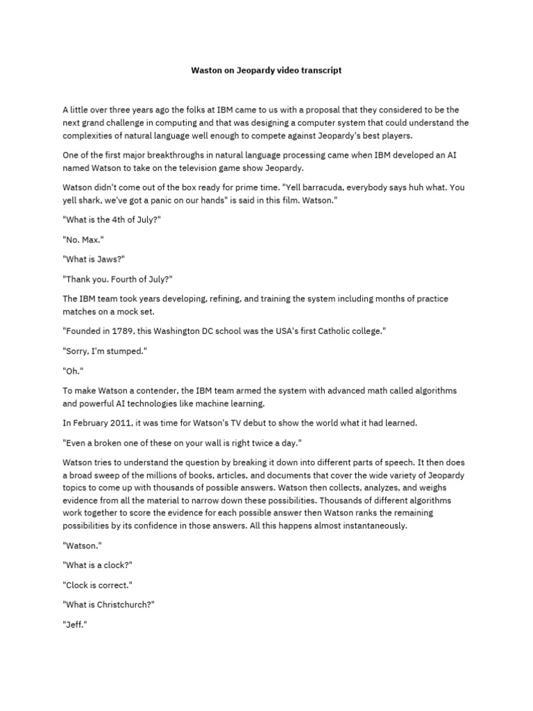 Watson On Jeopardy Video Transcript - EN | PDF | Computing | Artificial Intelligence