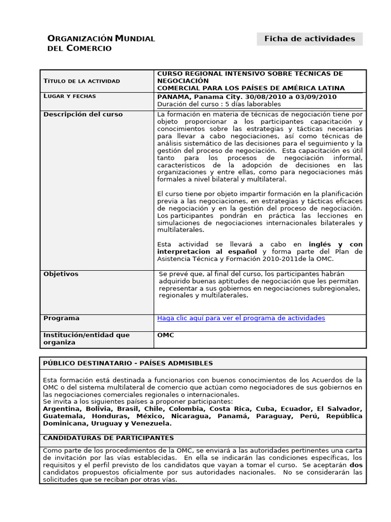 Curso de Negociación Comercial OMC Panamá | PDF | Organización de ...