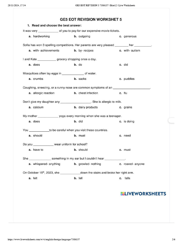 EOT Live Worksheet for Kids | PDF