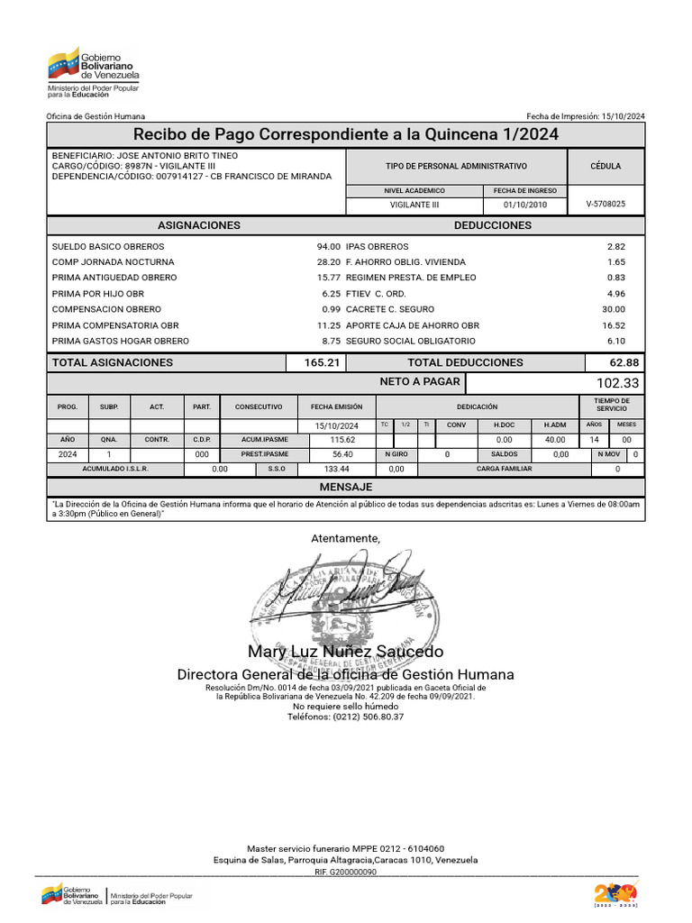 Recibo de Pago Quincena 1/2024 - Vigilante III | PDF