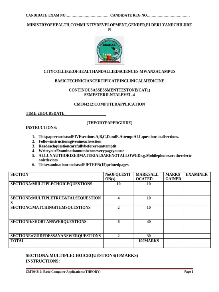 CAT1 Exam: Basic Computer Applications | PDF | Input/Output | Computing