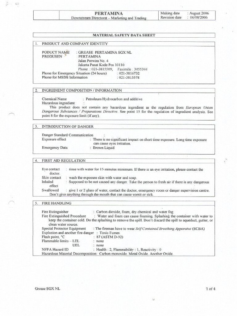 4.3.1. MSDS Grease Pertamina SGX NL | PDF