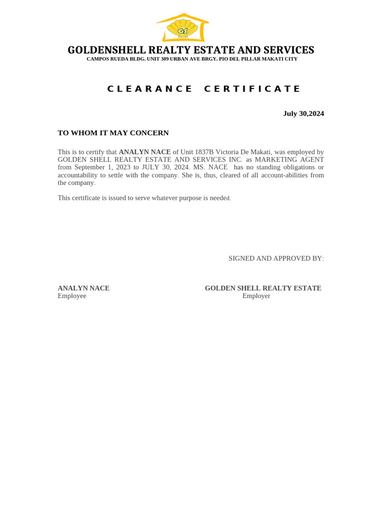 STAFF CLEARANCE CERTIFICATE Ref | PDF