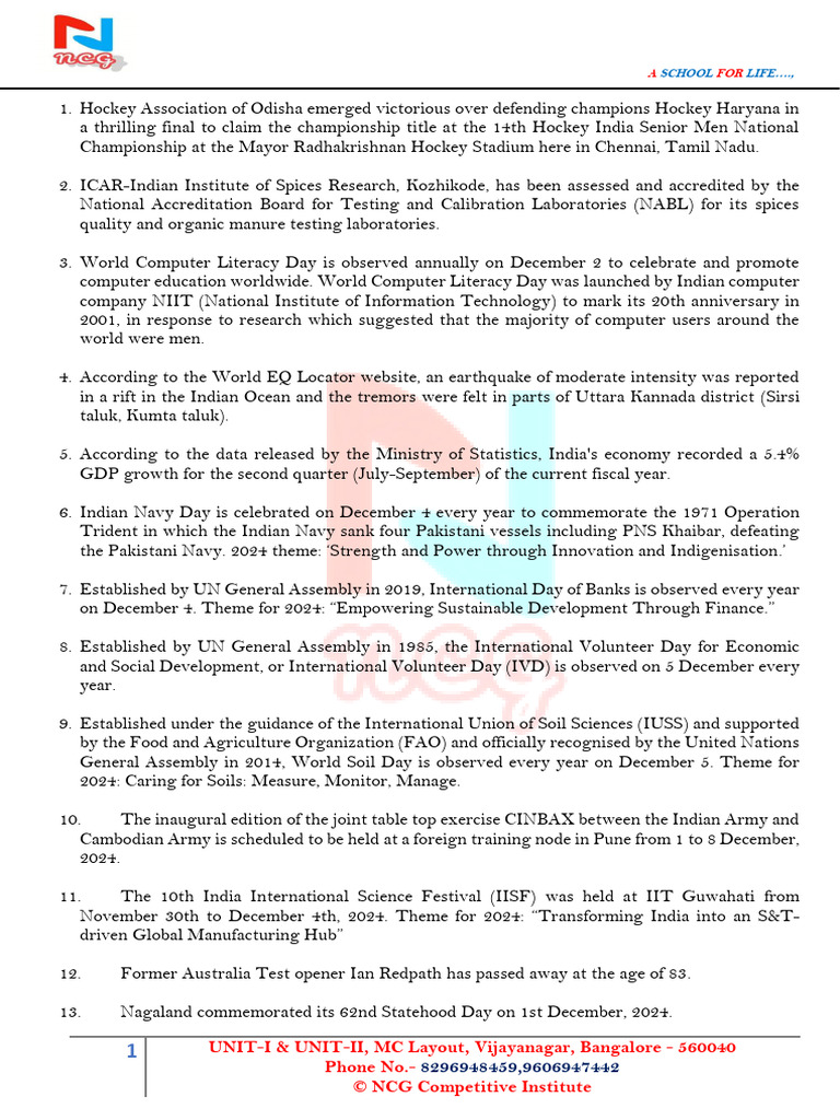 One Liner Current Affairs, 05 December 2024, English | PDF | Economies