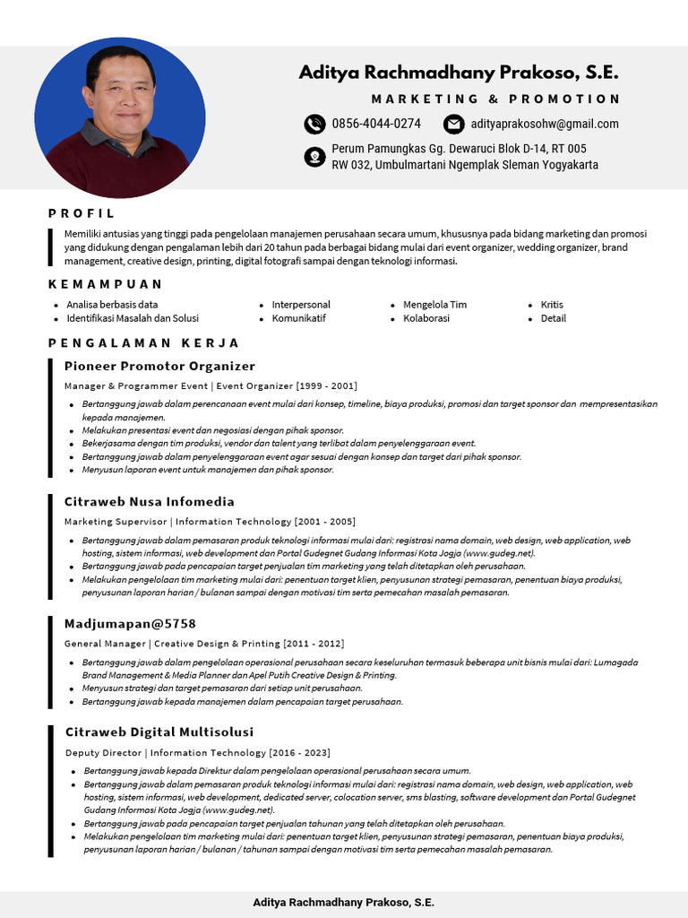 Aditya Prakoso General Manager Marketing Resume | PDF