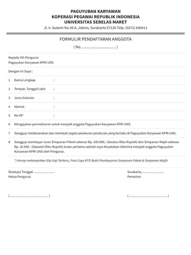 Kopkar Registrasi Form | PDF