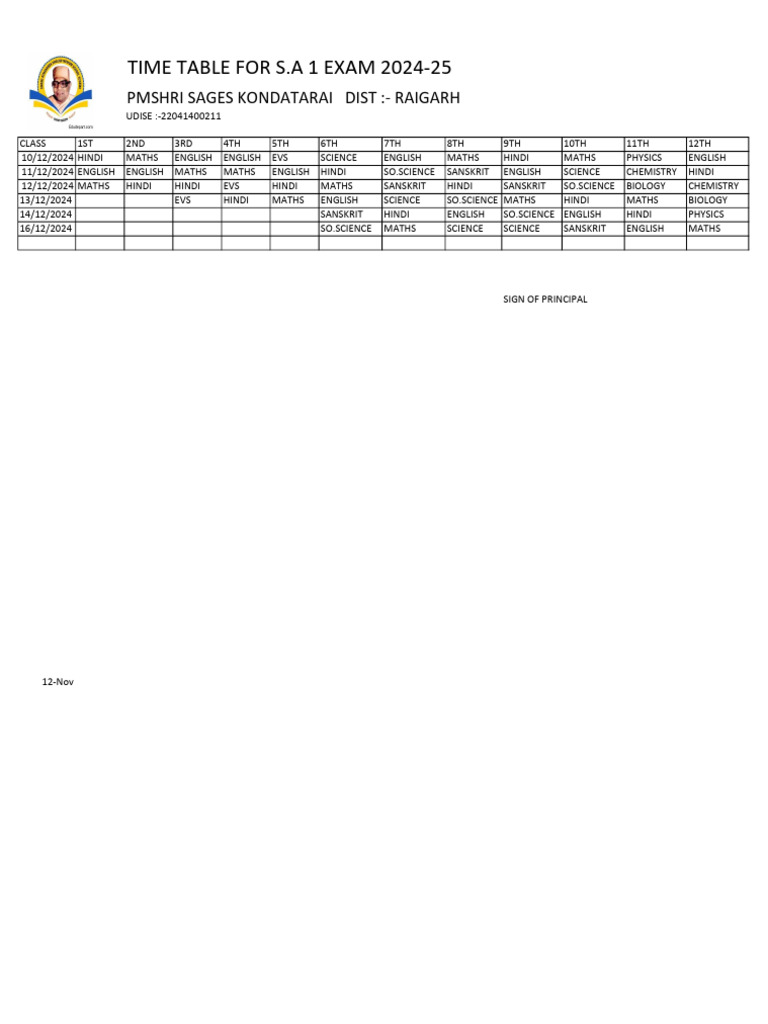 Time Table Sa1 24 25 | PDF