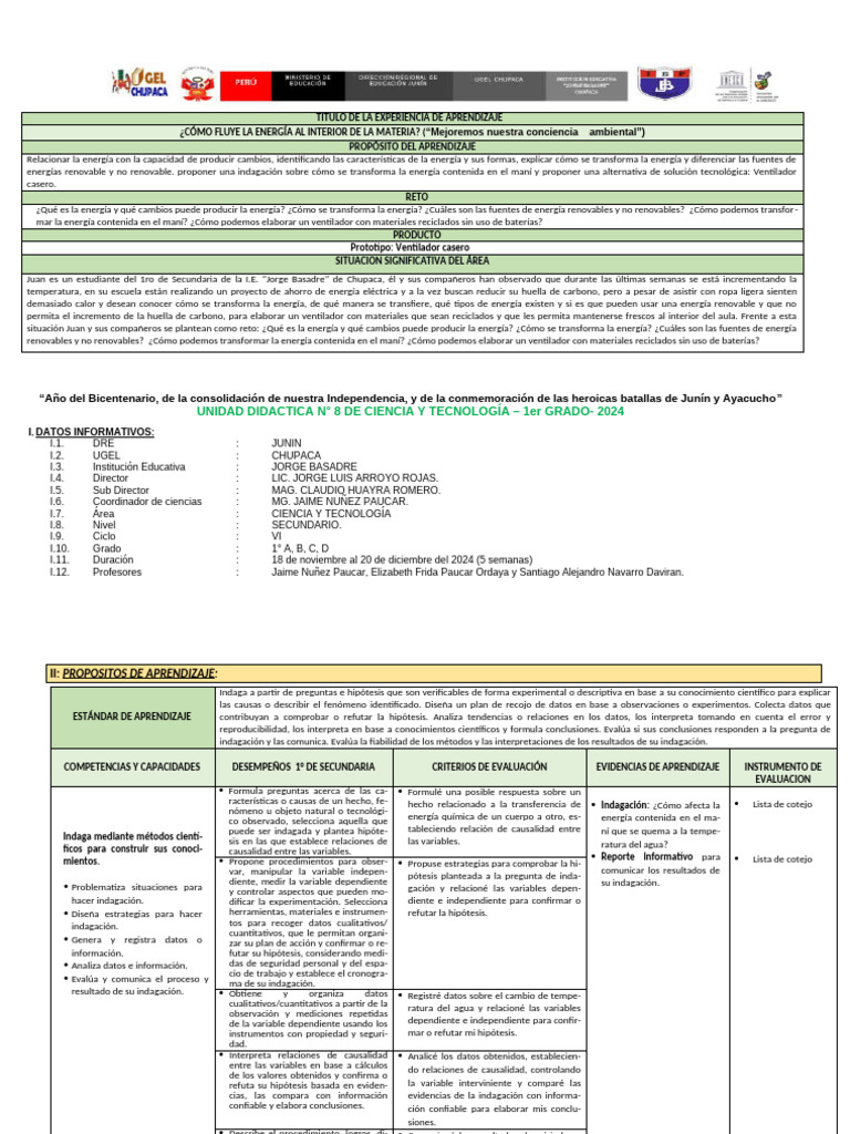 Unida Didactica #8 de 1°sec | PDF | Energía renovable | Aprendizaje
