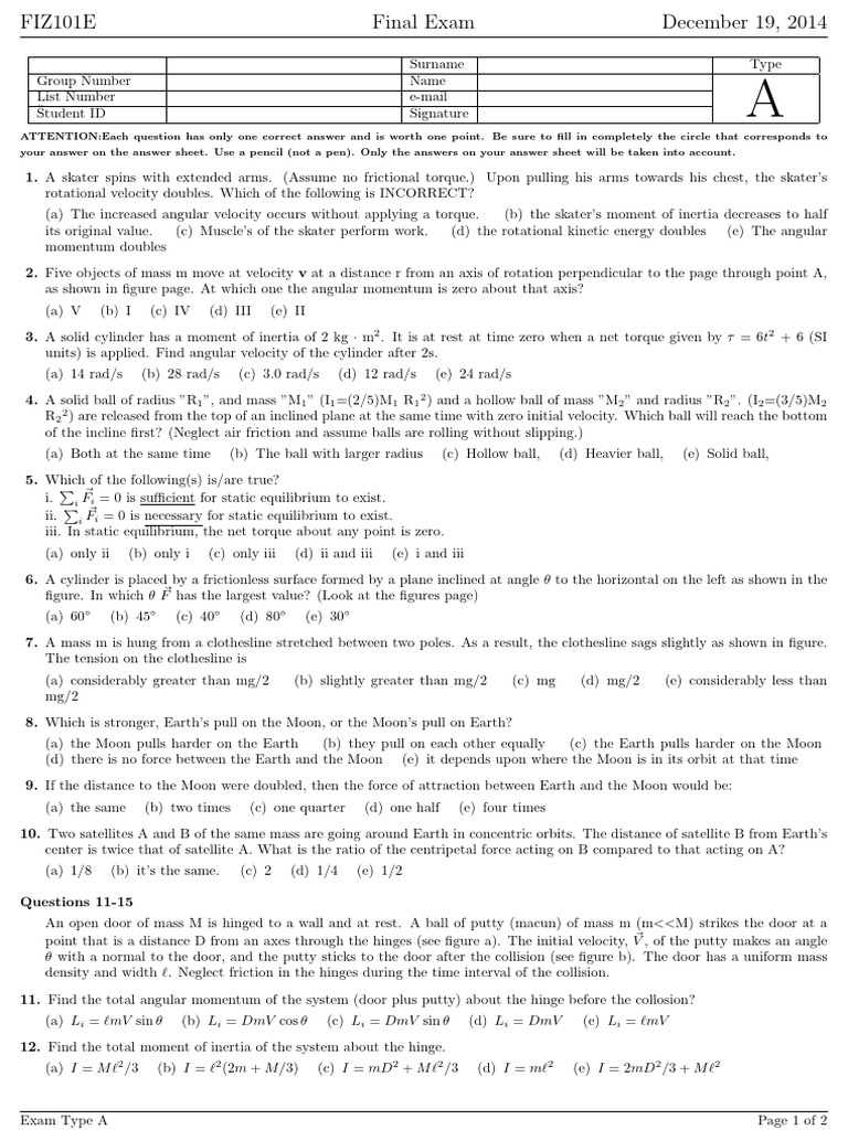 FIZ101_f | PDF | Torque | Motion (Physics)