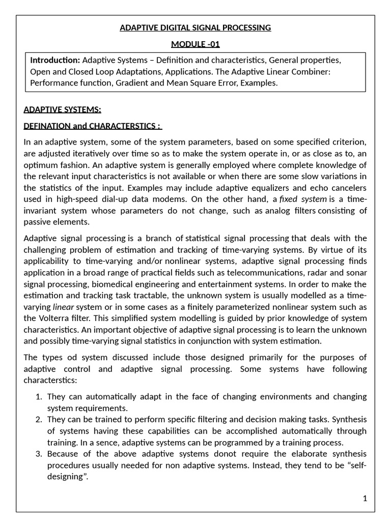 ADAPTIVE DIGITAL SIGNAL PROCESSING m-1 | PDF | Equalization (Audio) | Signal Processing