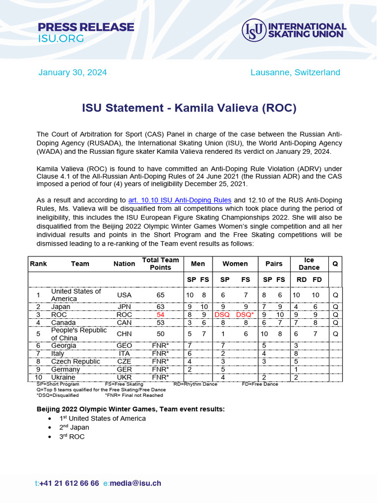 ISU Statement - CAS Decision - Kamila Valieva (ROC) | PDF ...