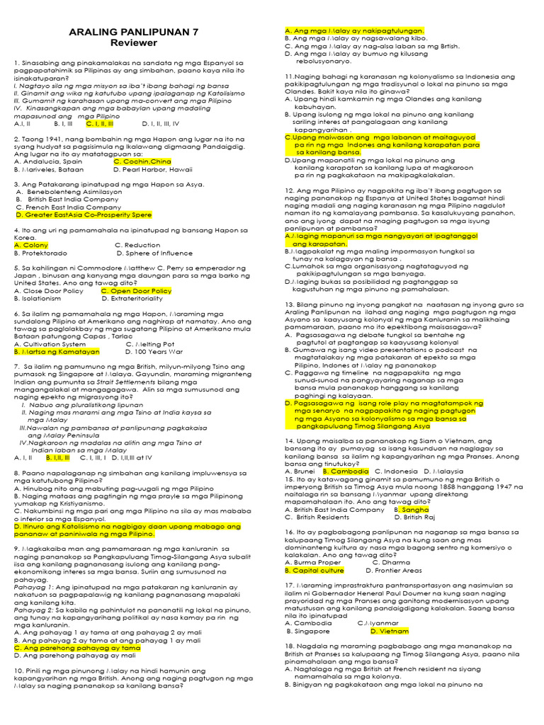 q2 Araling Panlipunan 7 Reviewer 1 | PDF