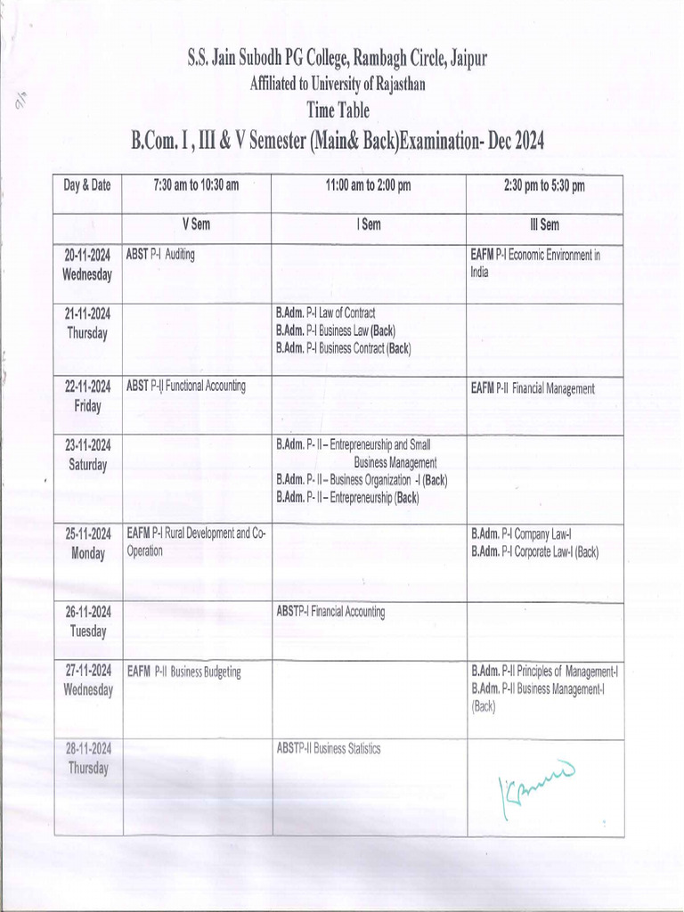 Time Table FOR BCOM and BCOM Hons Dec2024 | PDF