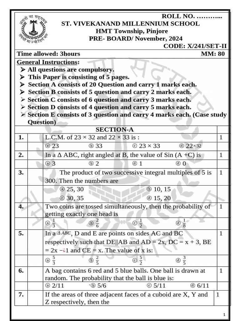 CLASS10 - MATHEMATICS - SET 2 Basic - GURCHARAN DHIMAN - 2024 Nov - 122807 | PDF | Mutual Funds ...