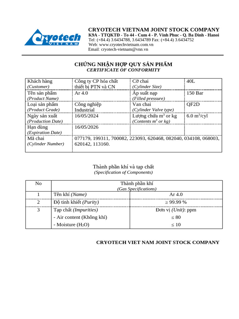 Cryotech Vietnam Joint Stock Company | PDF