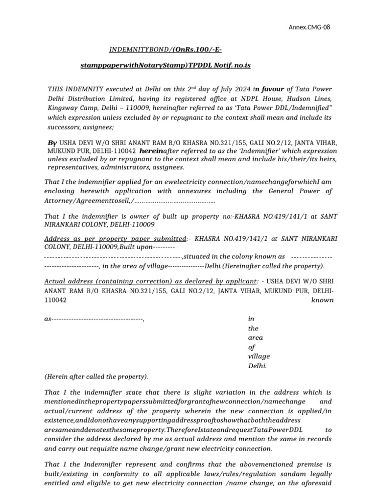 INDEMNITYBOND TPDDL New Address | PDF | Indemnity | Lawsuit