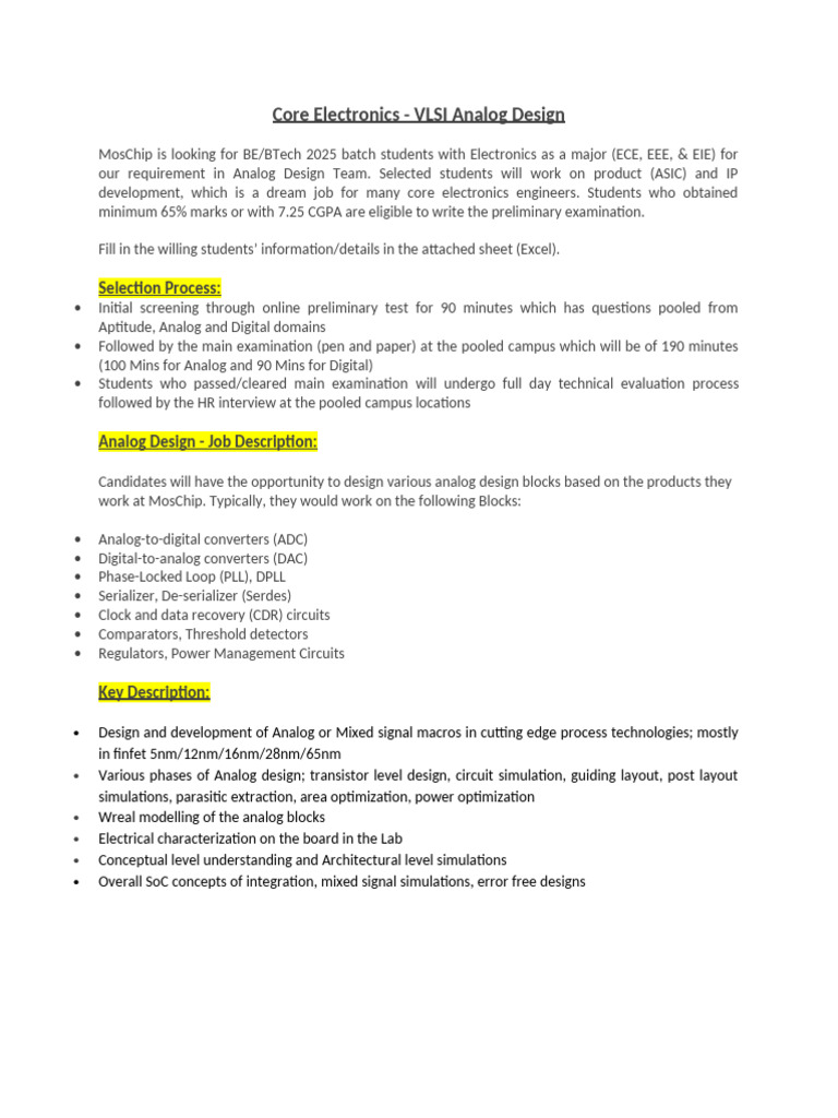 Recruitment for Core Electronics Analog Design | PDF Recruitment for Core Electronics Analog Design | PDF
