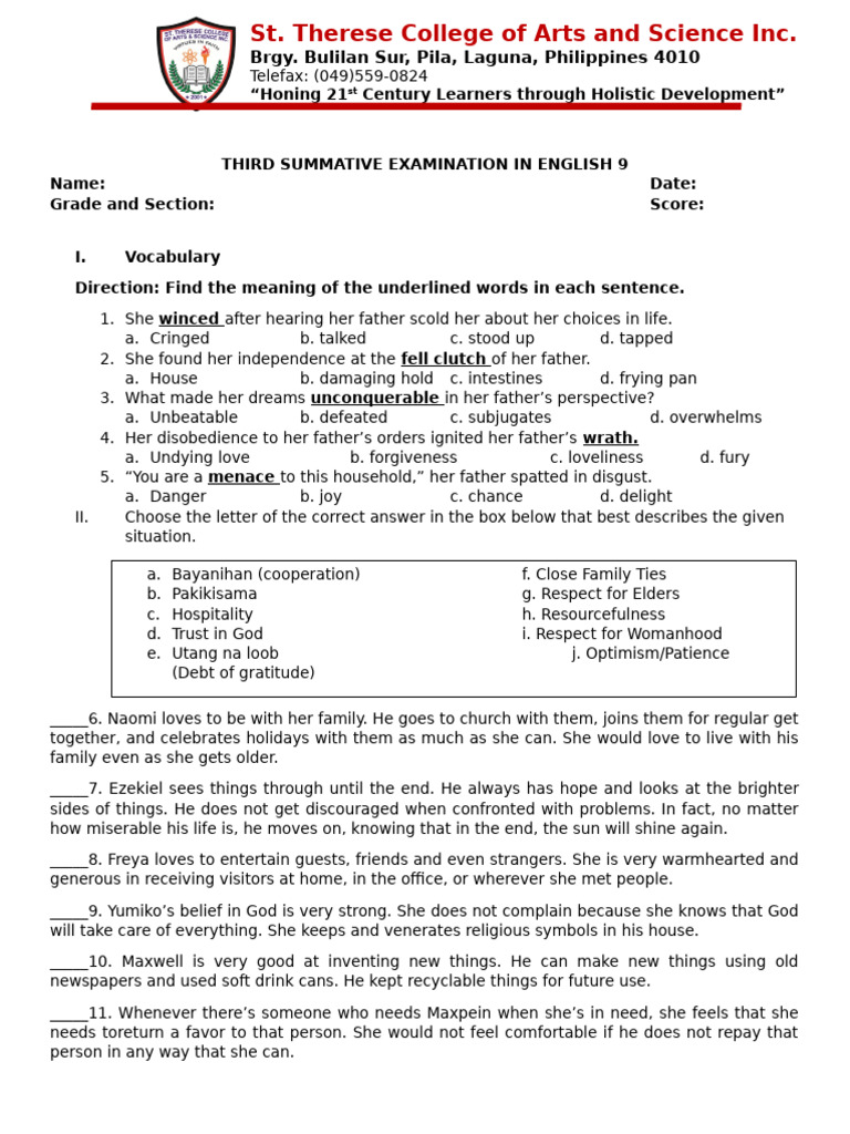 Third Summative Examination in English 9 | PDF