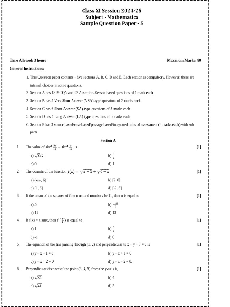 11maths sample paper 5 | PDF | Mathematics | Mathematical Concepts