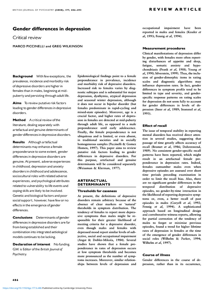 Gender Differences in Depression Critical Review | PDF | Major ...