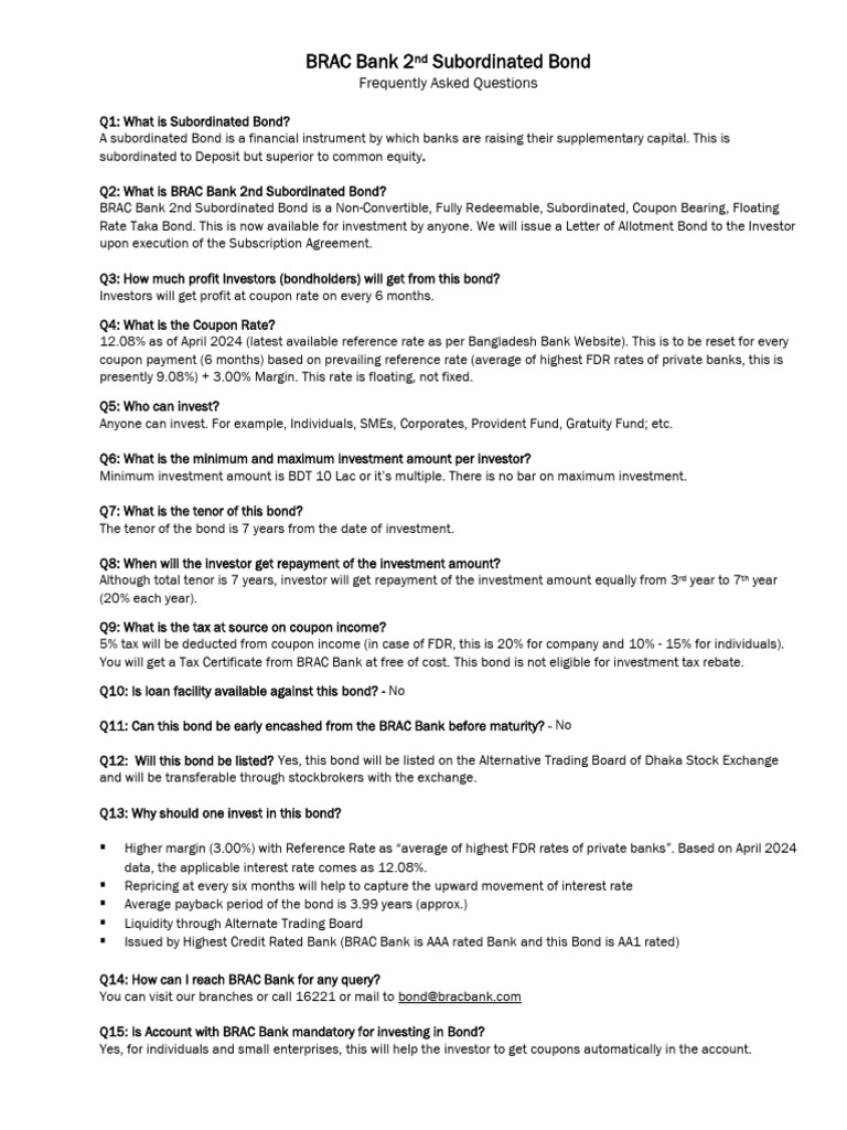 Faq Brac Bank Bond 12.08 Percent | PDF | Bonds (Finance) | Interest Rates