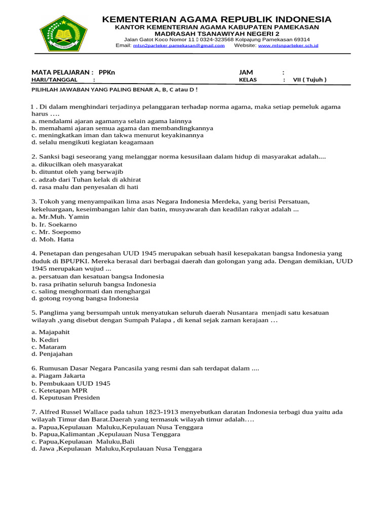 LATIHAN SOAL PPKn 7 | PDF