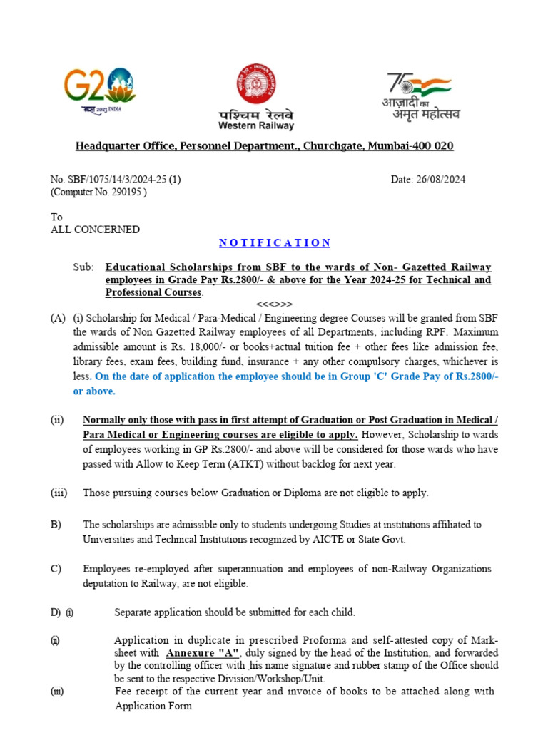 SBF Scholarship 2024-25 - GP 2800 and Above | PDF